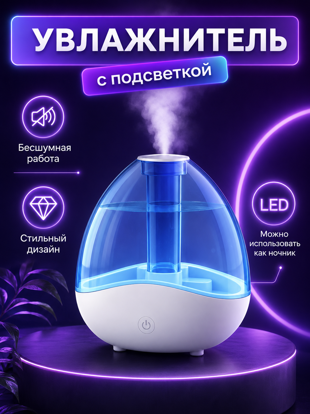 Увлажнитель воздуха ультразвуковой, Аромадиффузор с подсветкой, Увлажнитель воздуха ночник для дома, 1.5 л, Белый