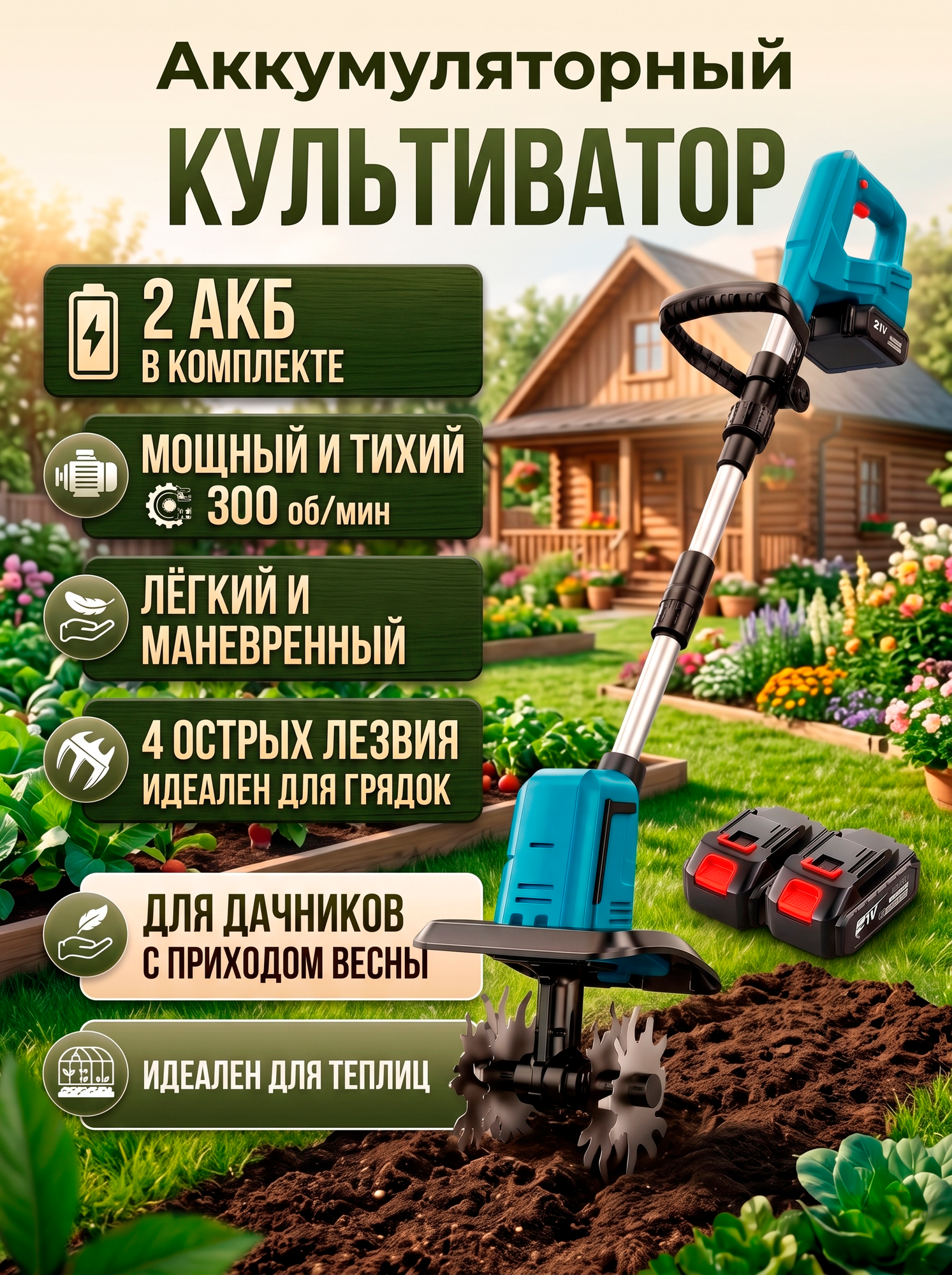 Культиватор аккумуляторный садовый для дачи грядок и теплиц 2 АКБ
