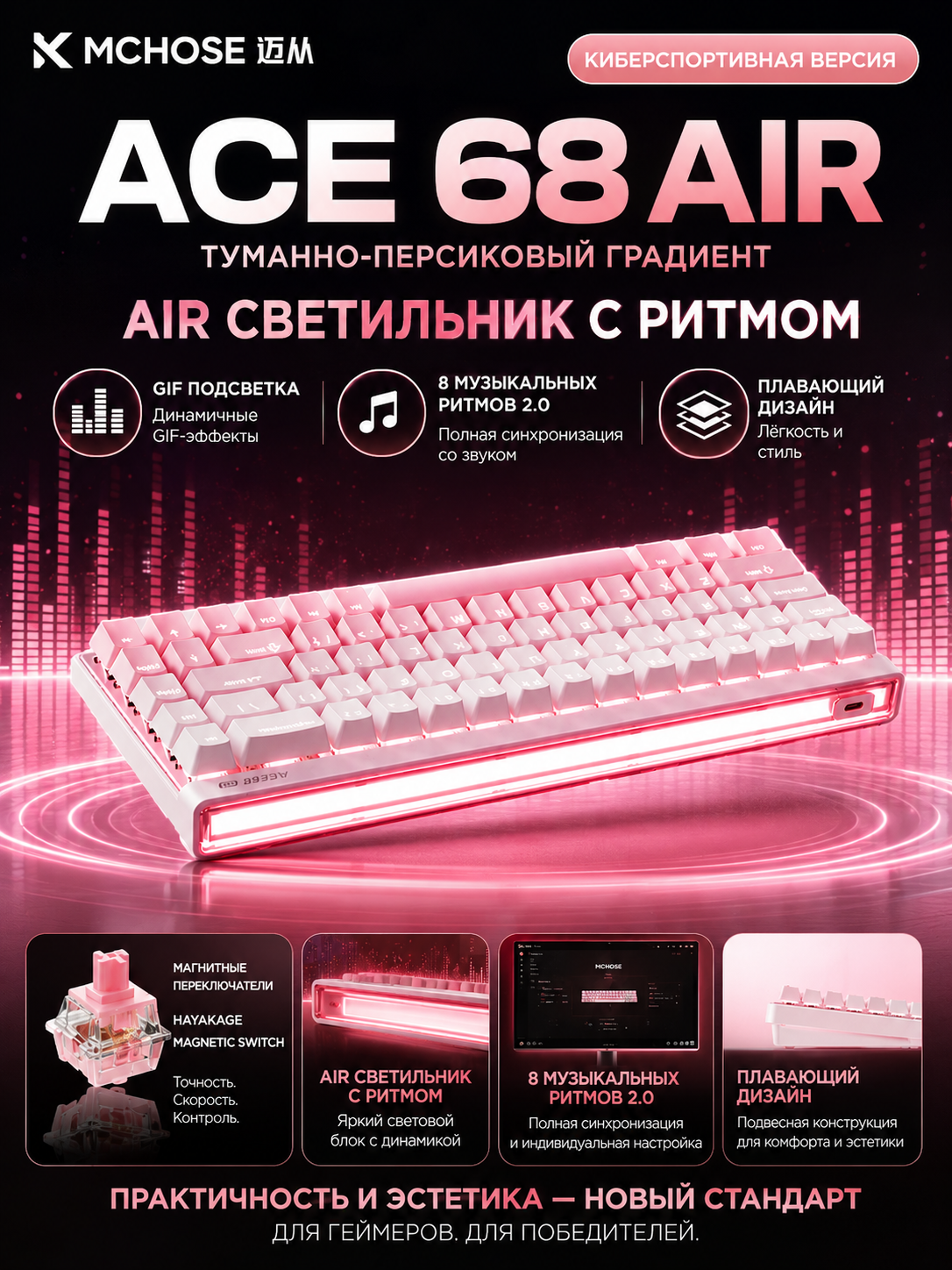 MCHOSE Игровая клавиатура проводная ACE68 AIR Ultra Esports Mount Tai Magnetic Switch GT, Английская раскладка