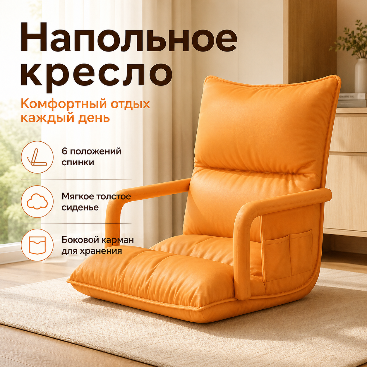 Напольное кресло с подлокотниками, шесть положений спинки, водоотталкивающая ткань, 48х45х60 см