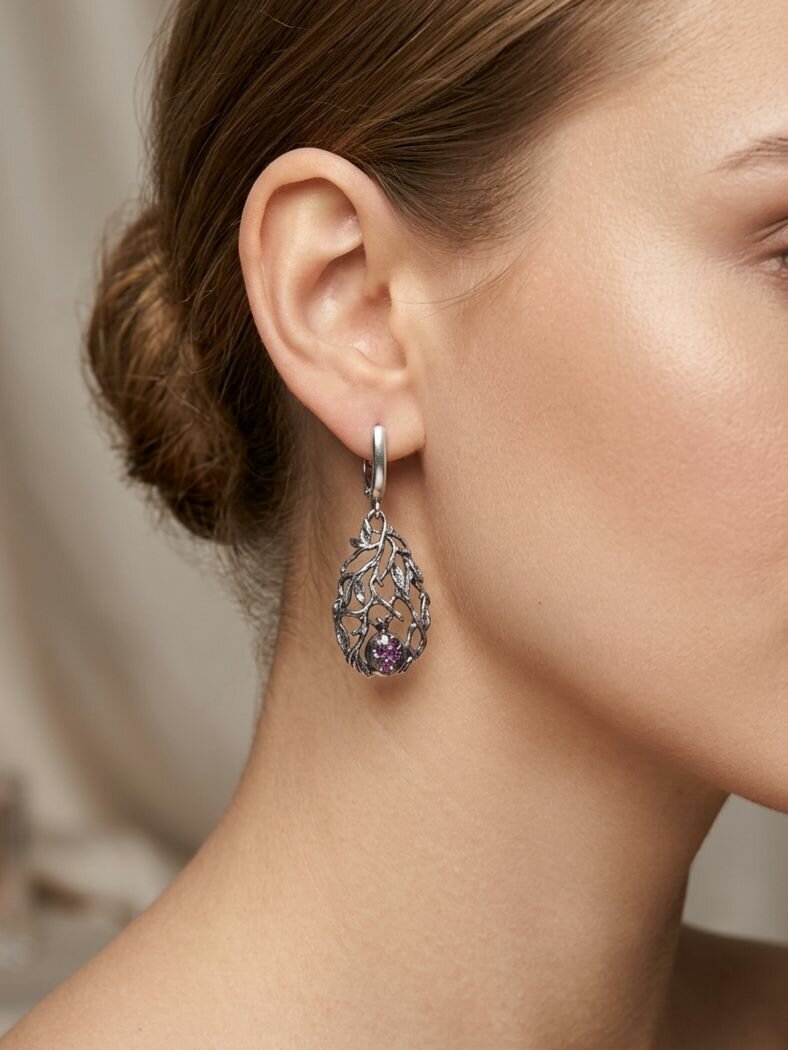 Серьги двусторонние JEWELRY of KUBACHI, серебро, 925 проба, оксидирование, фианит, размер 40 мм, длина 4 см, , серебристый/черный — фото 1