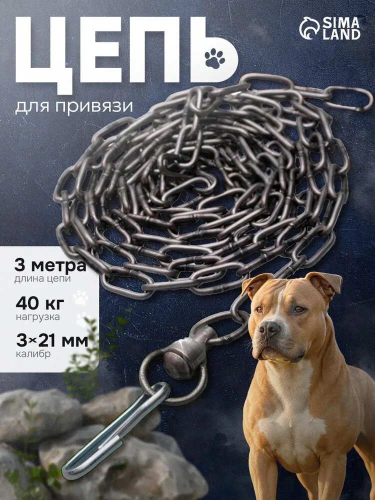 Цепь для собак привязочная, 3 м, металлическая, с карабином