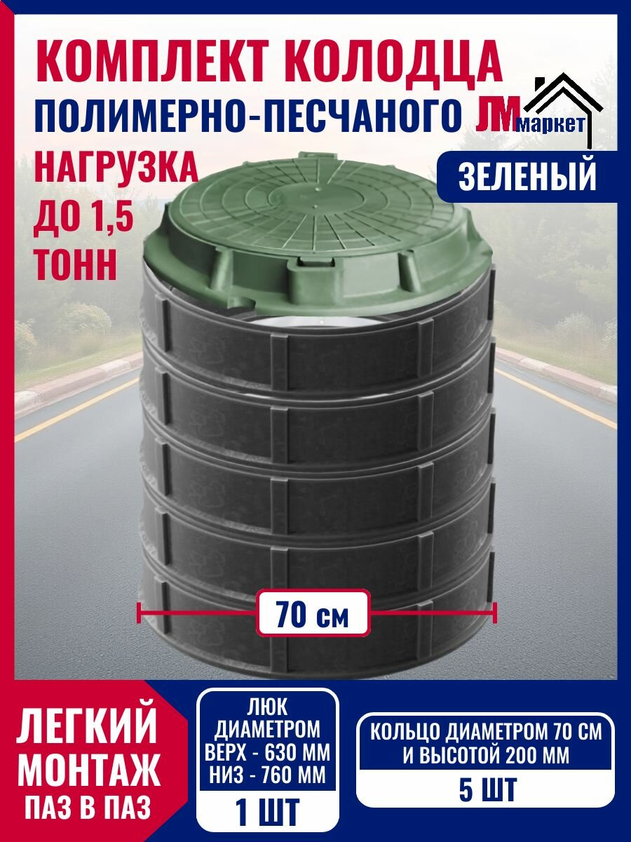 Колодец полимерно-песчаный, нагрузка до 1,5 тонн, готовый комплект с 5 шт кольцом 0,7 м диаметр