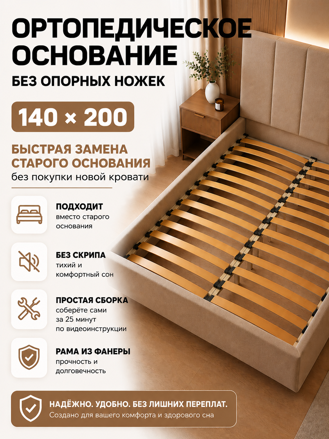 Основание для кровати 140 х 200, ортопедическое - без опор, из фанеры