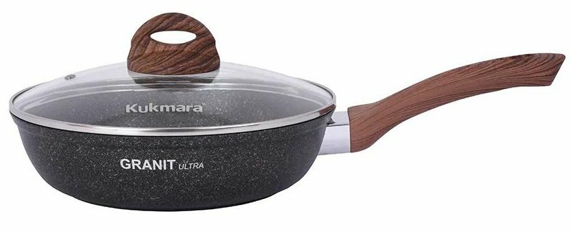 Сковорода 24см Kukmara сго241а Granit UltraBlack, крышка стекло, алюминий, антипригарное покрытие, черный, крышка стекло, ручка, Литая толстостенная сковорода, от