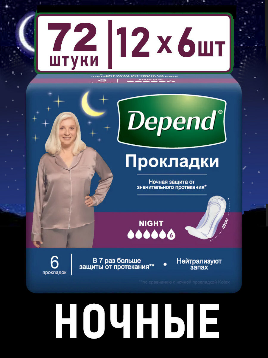 Прокладки Depend Ночные при недержании, 12x6шт.
