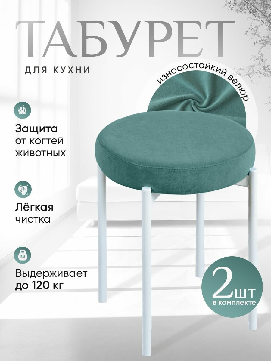 Табурет для кухни Бакс, 2 шт, Мятный с белыми ножками