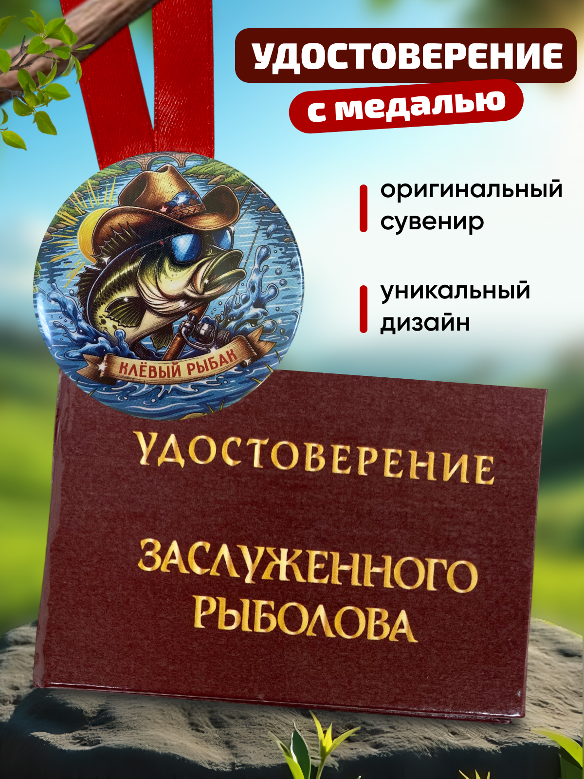 Прикольный набор Шуточное удостоверение "Заслуженного рыболова" + Медаль "Клёвый Рыбак", в подарок мужу, другу, дедушке