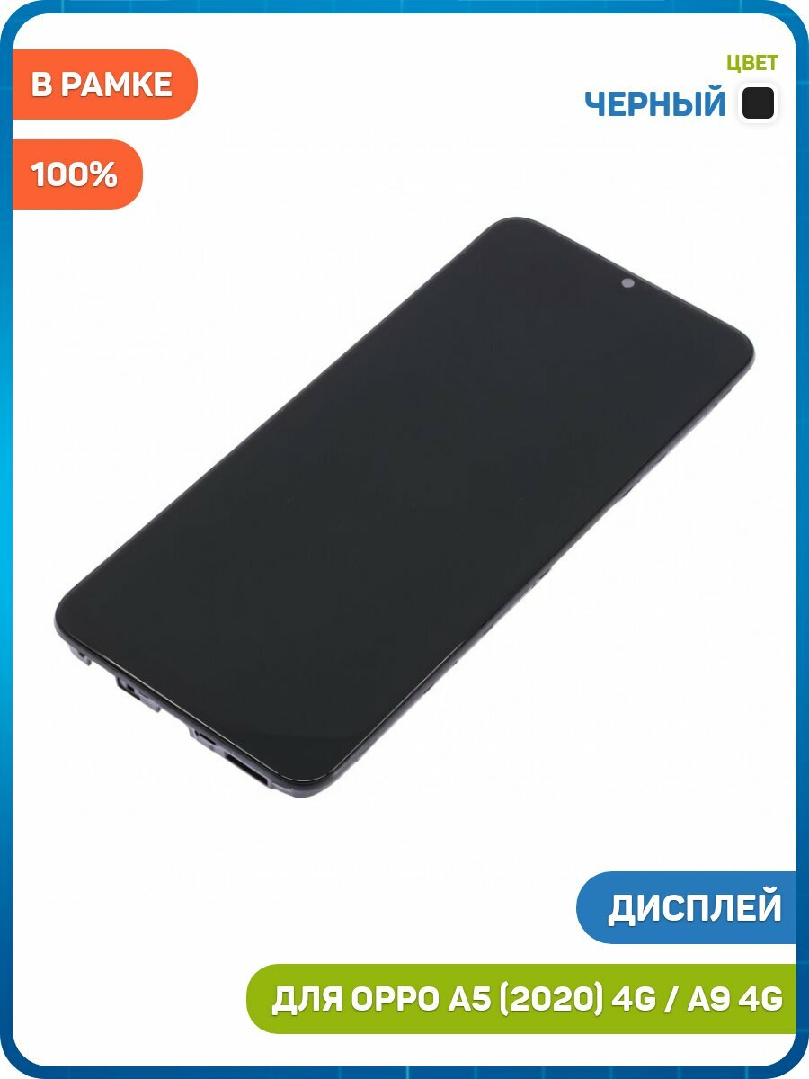 Дисплей для OPPO A5 (2020) 4G / A9 (2020) 4G (FPC-HTF065H051-A4) (в сборе с тачскрином) в рамке, черный, 100%