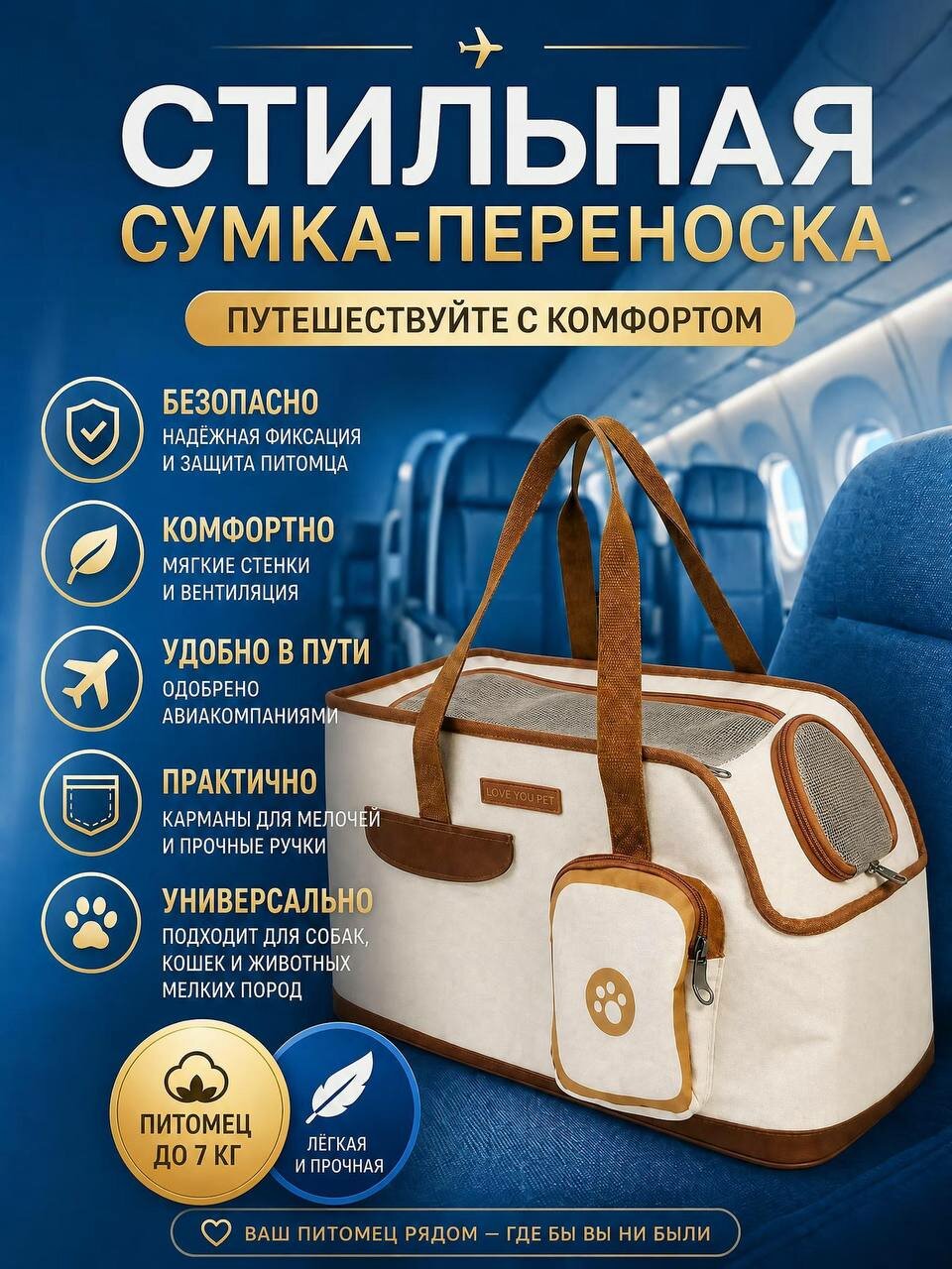 Стильная сумка-переноска для кошек, собак и мелких грызунов до 7кг