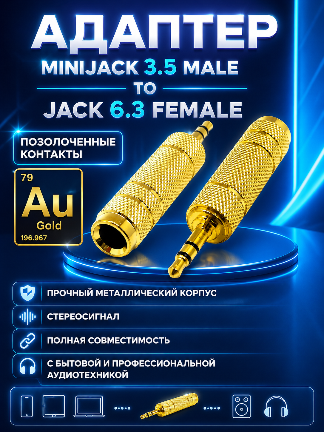 Переходник Aux 3.5 Jack 3.5 3 pin (m) jack 6.3 (f) позолоченные контакты