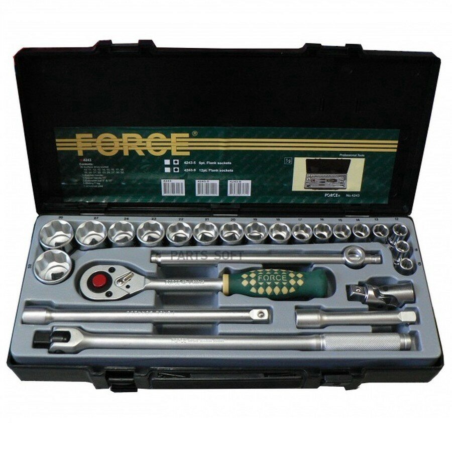 Набор FORCE DR.1/2, 6-ти гранных головок 10-24,27,30,32мм, с трещоткой 80243 на 24 зубца, 24пр. в пластиковом пенале. от официального дистрибьютора, FORCE TOOLS, артикул 42435