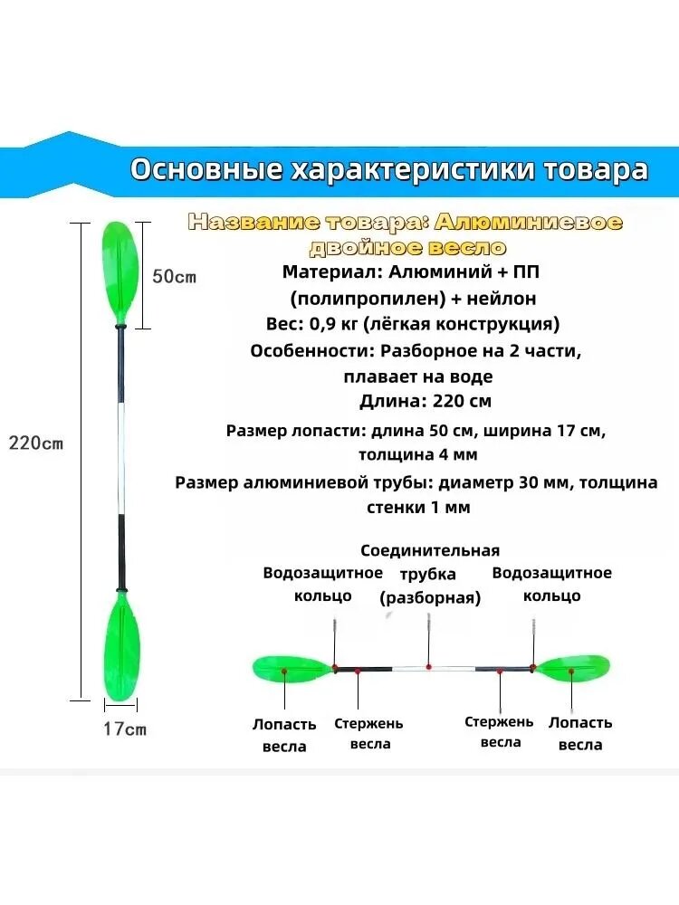 WTLH Весло для SUP-доски, алюминиевое, разборное, складное, двухстороннее, для каяка, желтое — фото 1