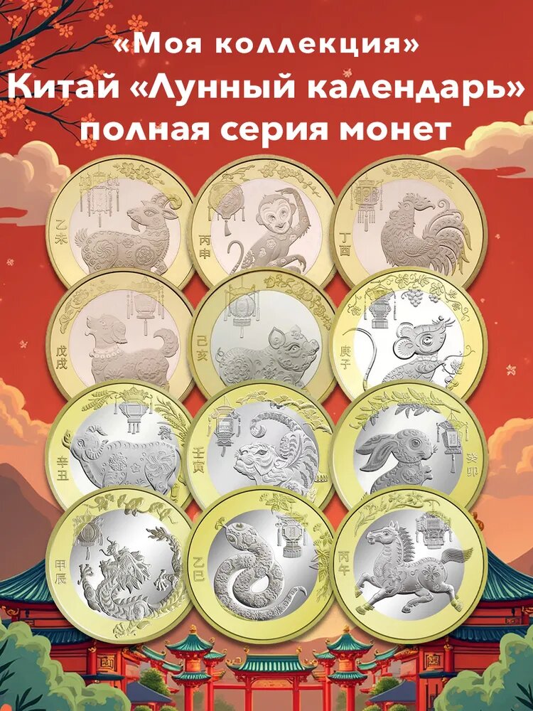 Набор 12 монет по 10 юаней 2015-2026 года. Лунный календарь (Гороскоп). Китай UNC
