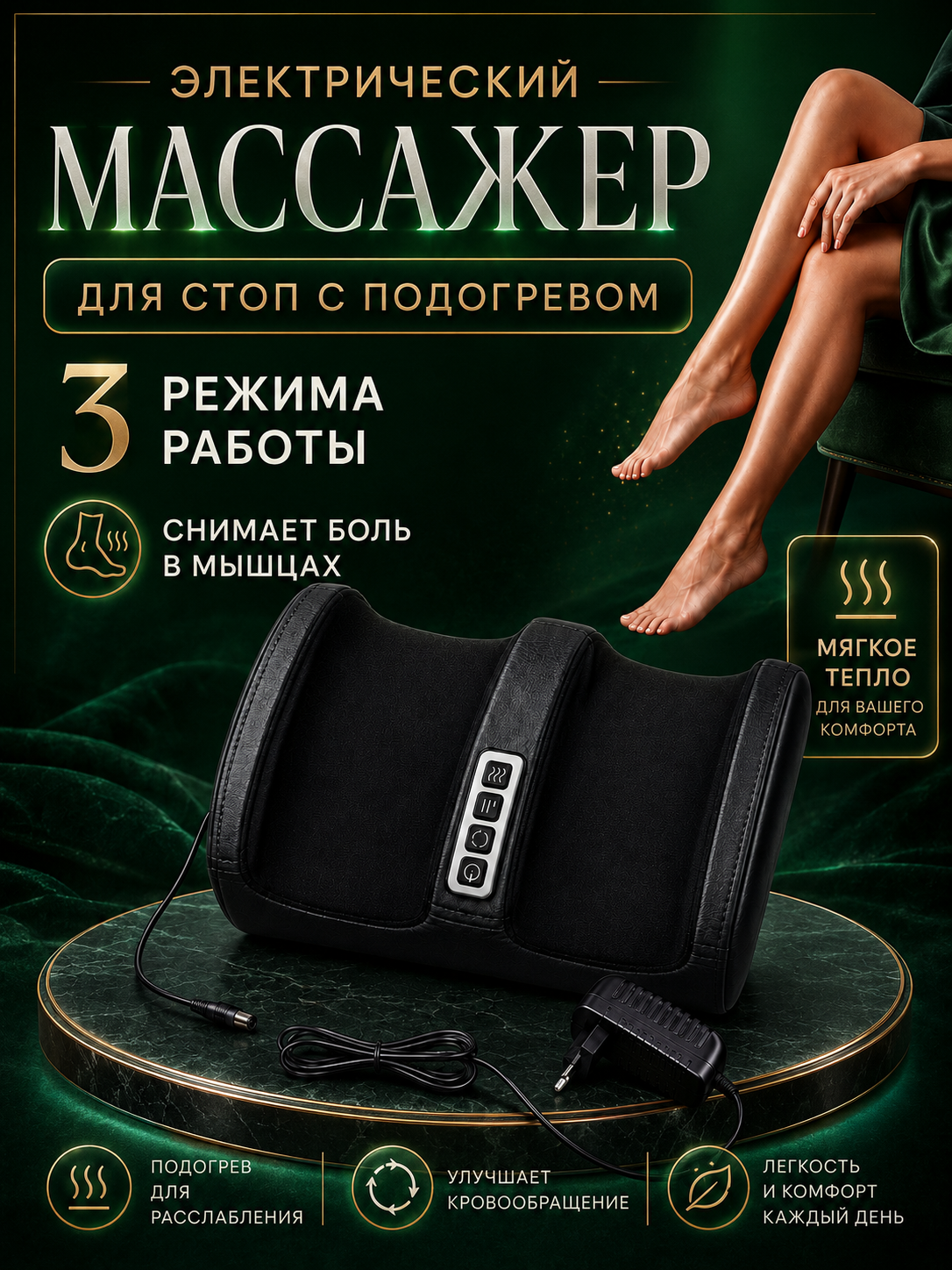 Массажер для ног электрический, Компрессионный электрический массажер для ног с подогревом роликовый, Черный