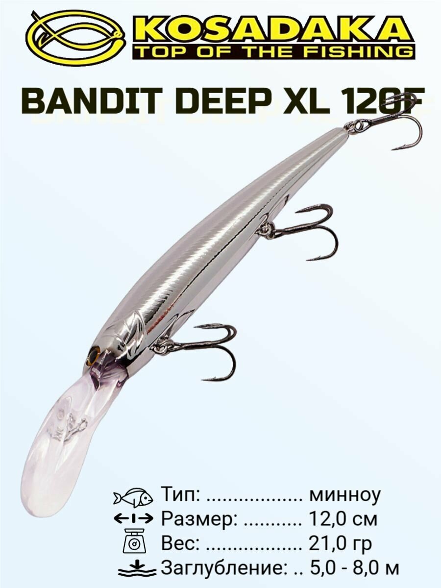 Воблер Kosadaka Bandit Deep XL 120F, плав, 120мм, 21г, 5-8м, цв. SIL