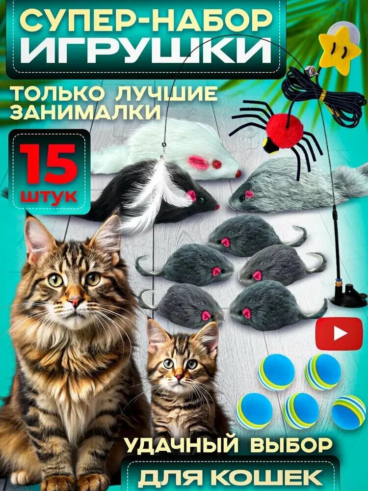 Супер-набор игрушек для кошек 15 штук, мышки с кошачьей мятой, дразнилка-удочка, паучок-попрыгунчик, мячики, антистресс, для котят и взрослых котов