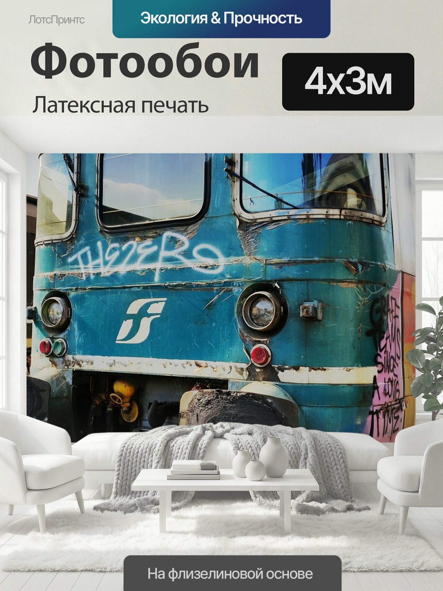 Фотообои моющиеся ударопрочные "Поезд, вагон, граффити" 400x300 см. латексная печать