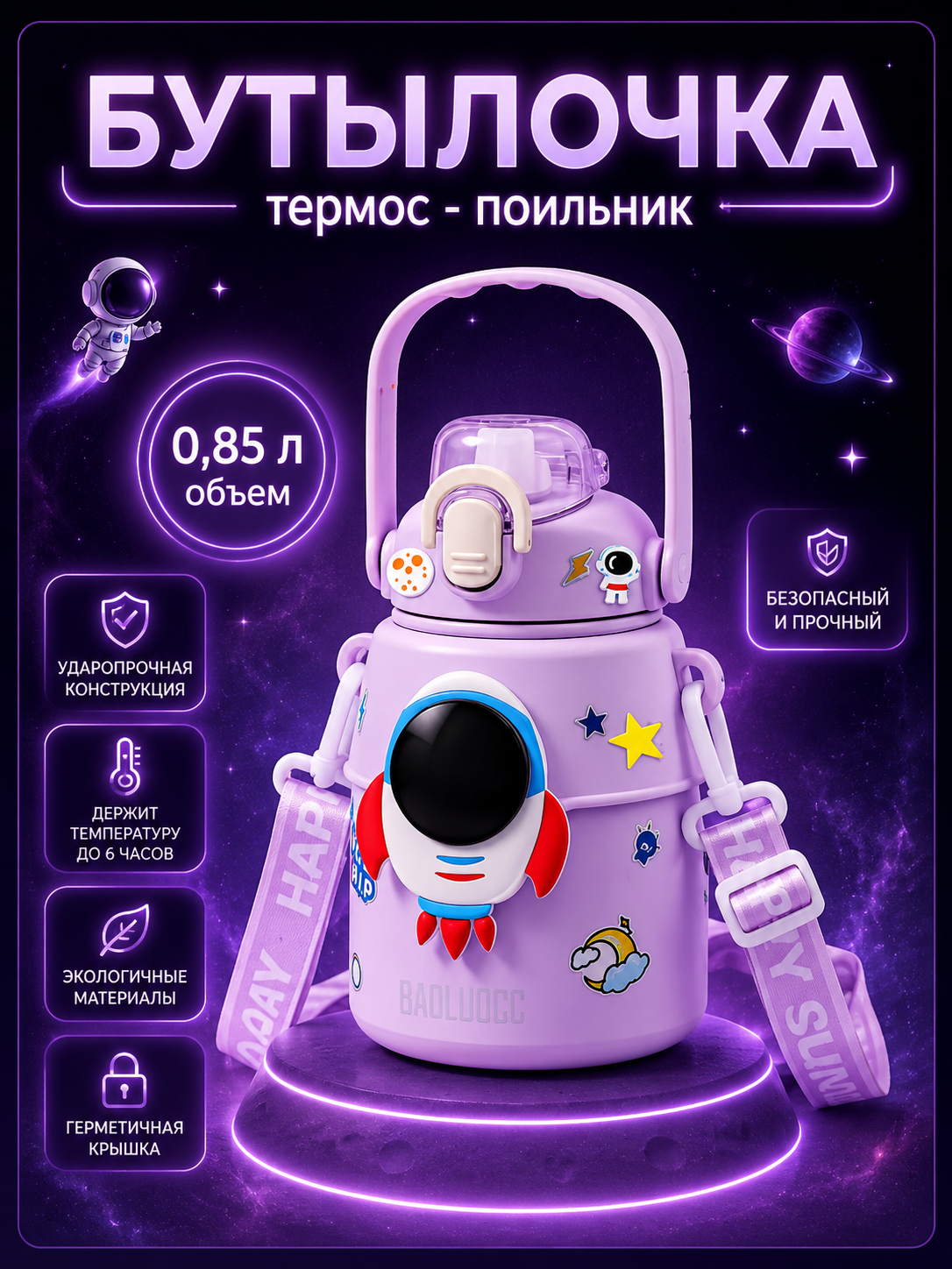 Термос детский с ремешком, Термобутылка для горячих напитков с ручкой, Непроливайка с кнопкой, 850мл, Сиреневый