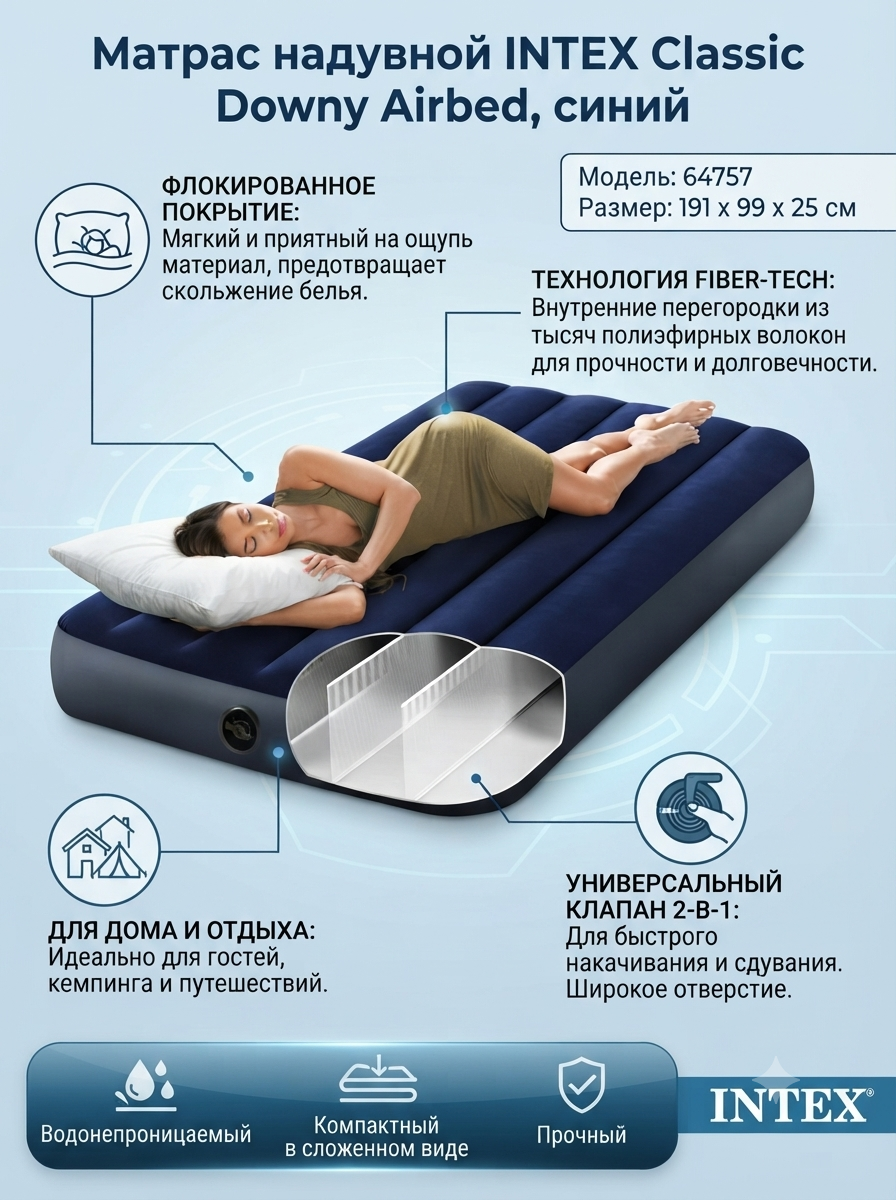 Матрас надувной INTEX Classic Downy Airbed синий размер 191 х 99 х 25 см 64757