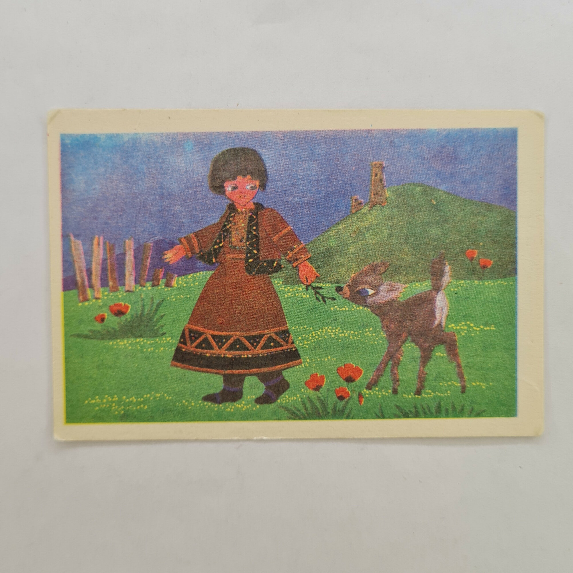 Карманный календарик СССР 1985. Девочка и олененок, детский рисунок. Советский календарь