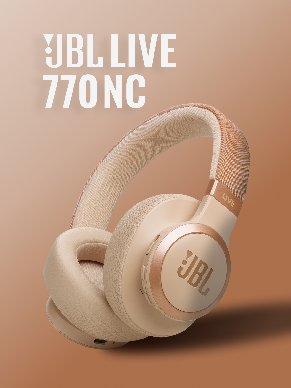 Наушники беспроводные JBL Live 770NC, Sandstone (песочный, бежевый), с шумоподавлением, для телефона и компьютера