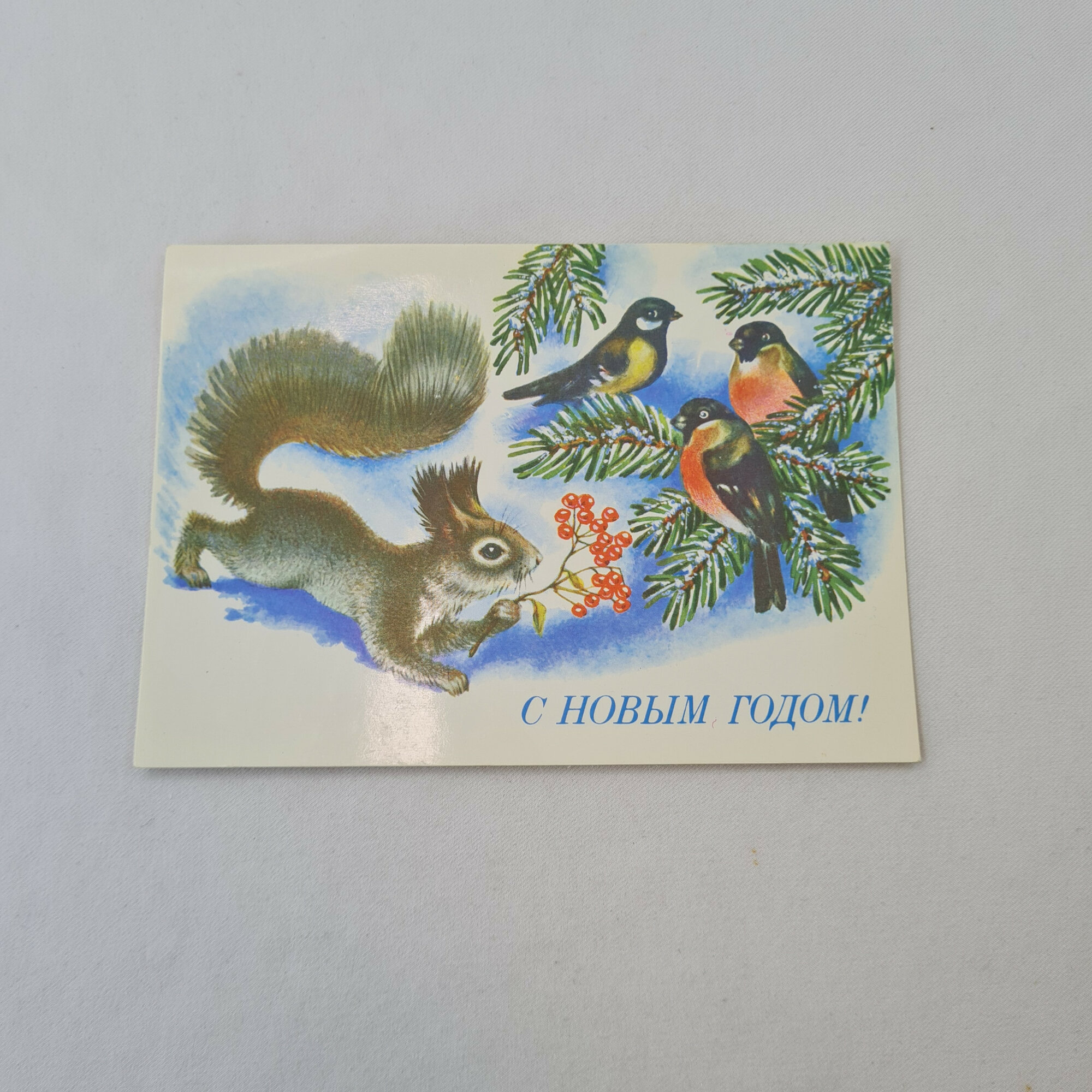 Открытка советская СССР, старинная. С новым годом, белка и снегири на еловой ветке. Винтаж