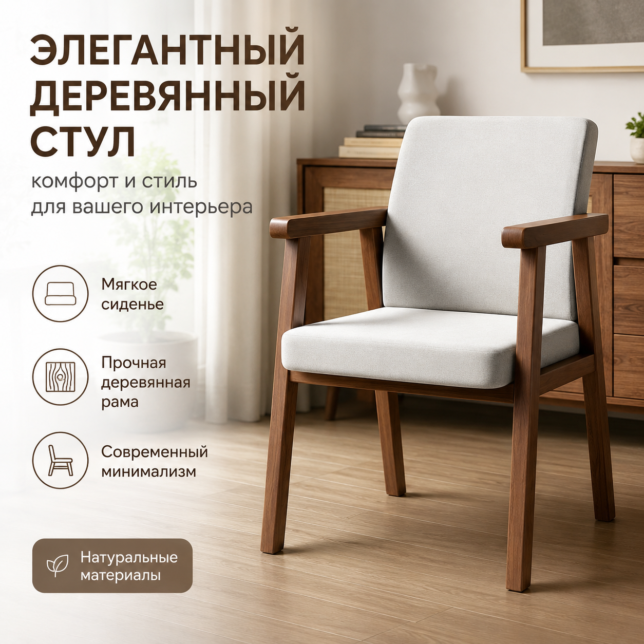 Обеденный стул из массива дерева, кресло, массив дерева, текстильная подушка, цвет орех,55*55*84 см