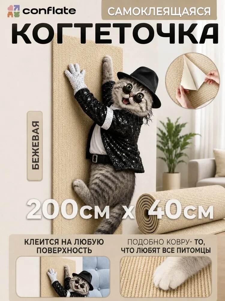 Когтеточка для кошек настенная самоклеющаяся 200x40 см, Conflate