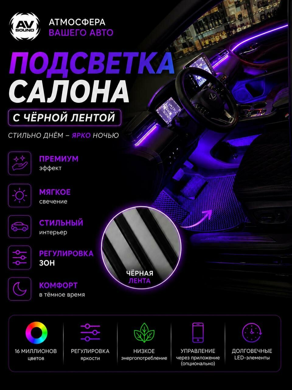 Подсветка салона автомобиля,"Ambient lightingt", черные ленты, Более 16 миллионов цветов (18 источников света)