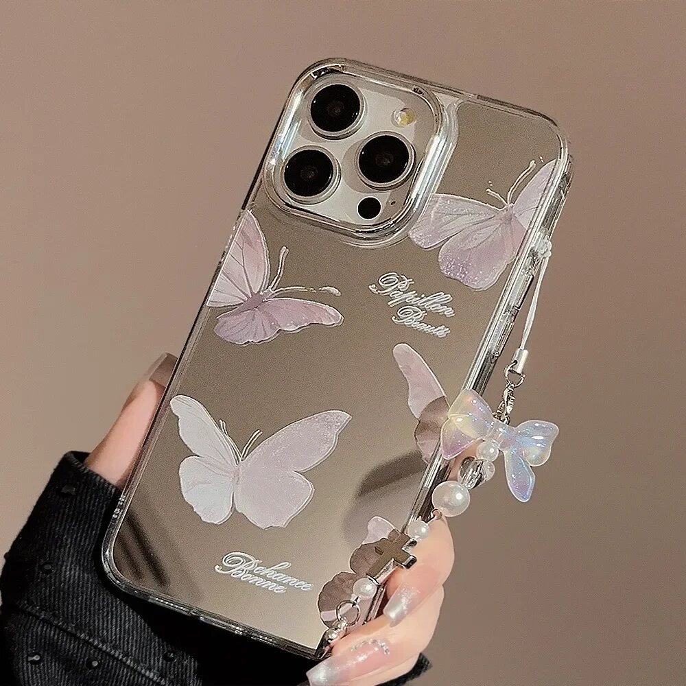 Корейский Розовый Чехол-бабочка С Зеркалом И Браслетом Для iPhone 17/16/15/14/13/12/11 Pro Max, Противоударный, Жесткий Чехол