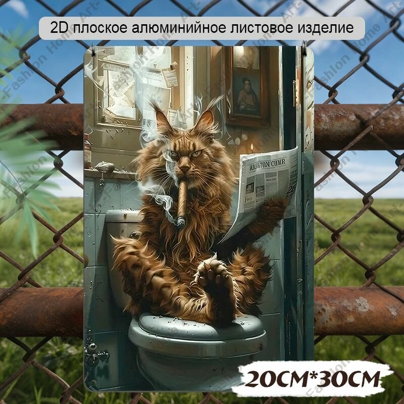 20cm*30cm,2D плоская алюминиевая табличка 'Мейн-кун на туалете с газетой и сигарой'