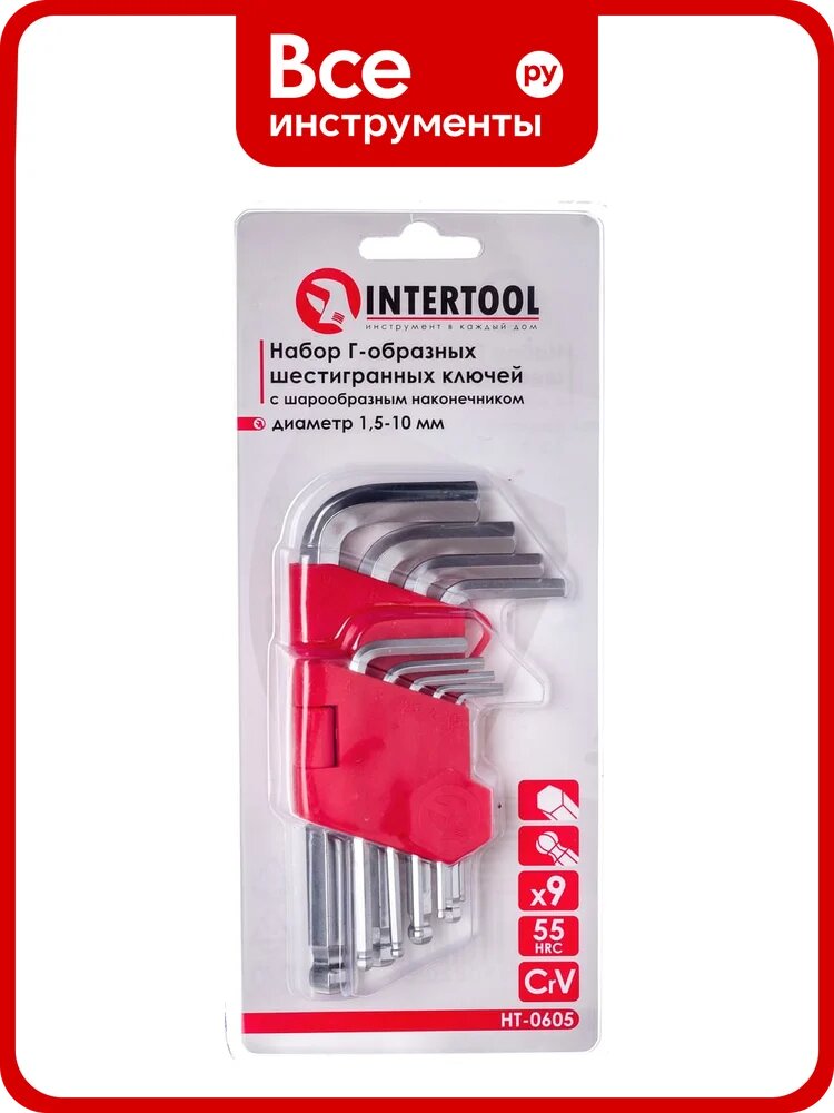 Набор Г-образных шестигранных ключей INTERTOOL, угловой формы, изготовлен из высокопрочного Cr‑V с матовым