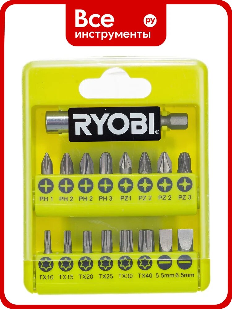 Набор бит 17 шт. Ryobi RAK17SD 5132002550, пластик, с шуруповертом, стальные односторонние биты, фирменный держатель