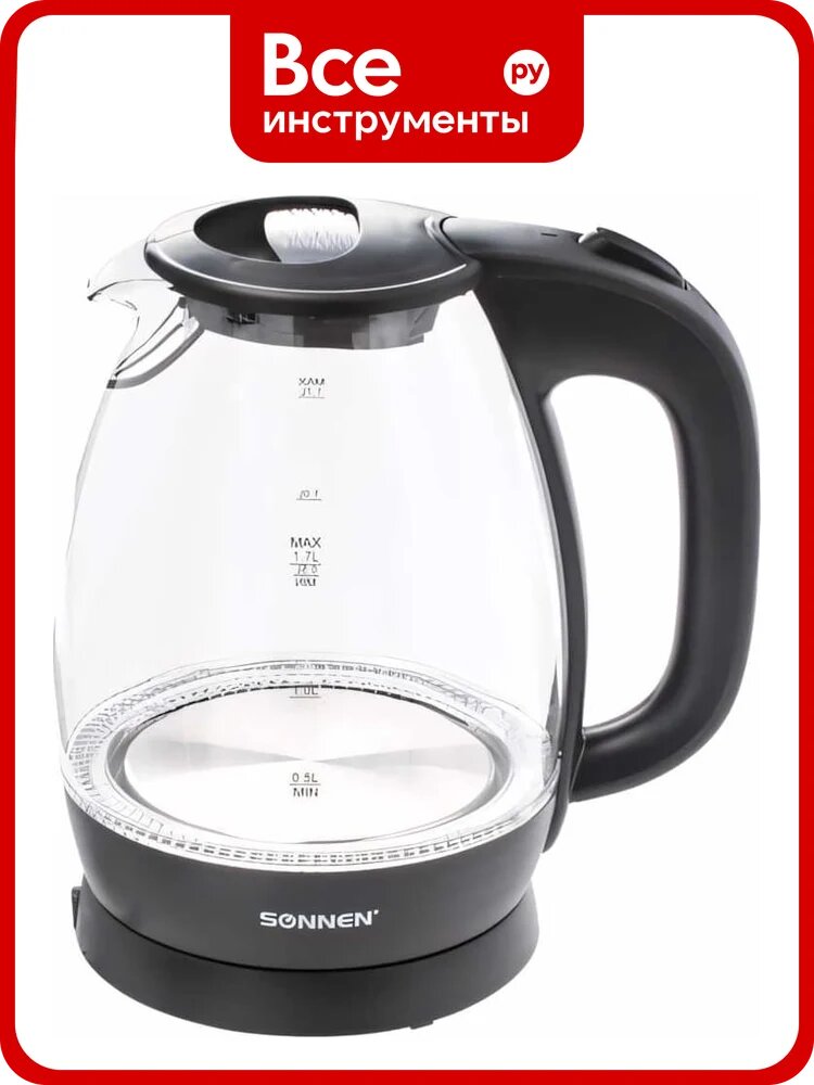 Чайник SONNEN KT-1786, термостойкое стекло, LED-подсветка, 1,7 л