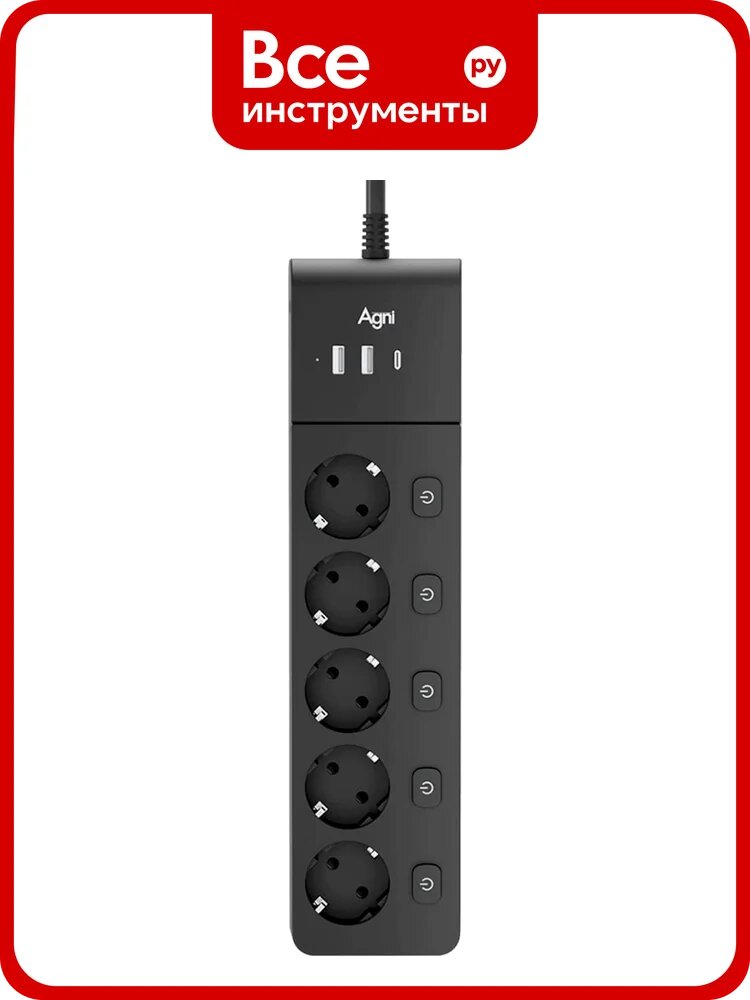 Сетевой фильтр AGNI плоский, 5 розеток, c кабелем 2м, черный,3 USB TP-FI3U5E-2m-black TP-FI3U5E-C-2m-black