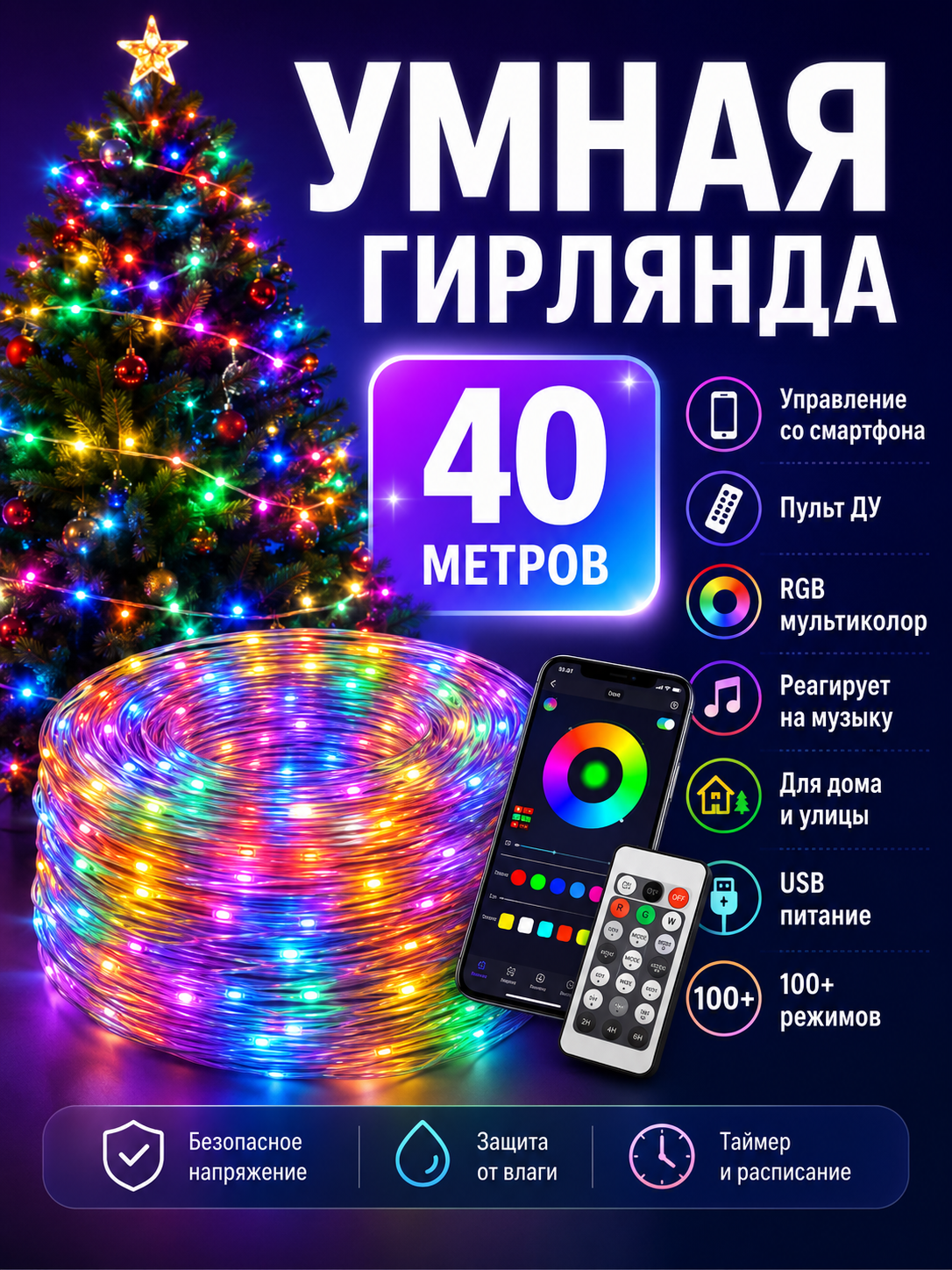 Умная гирлянда RGB с управлением через смартфон, пульт ДУ, 40 метров