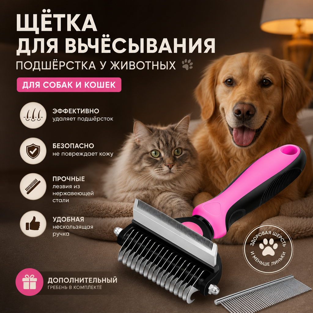 Фурминатор для вычесывания подшерстка кошек и собак, синий, легко чистить, самоочищающаяся, удаление подшерстка