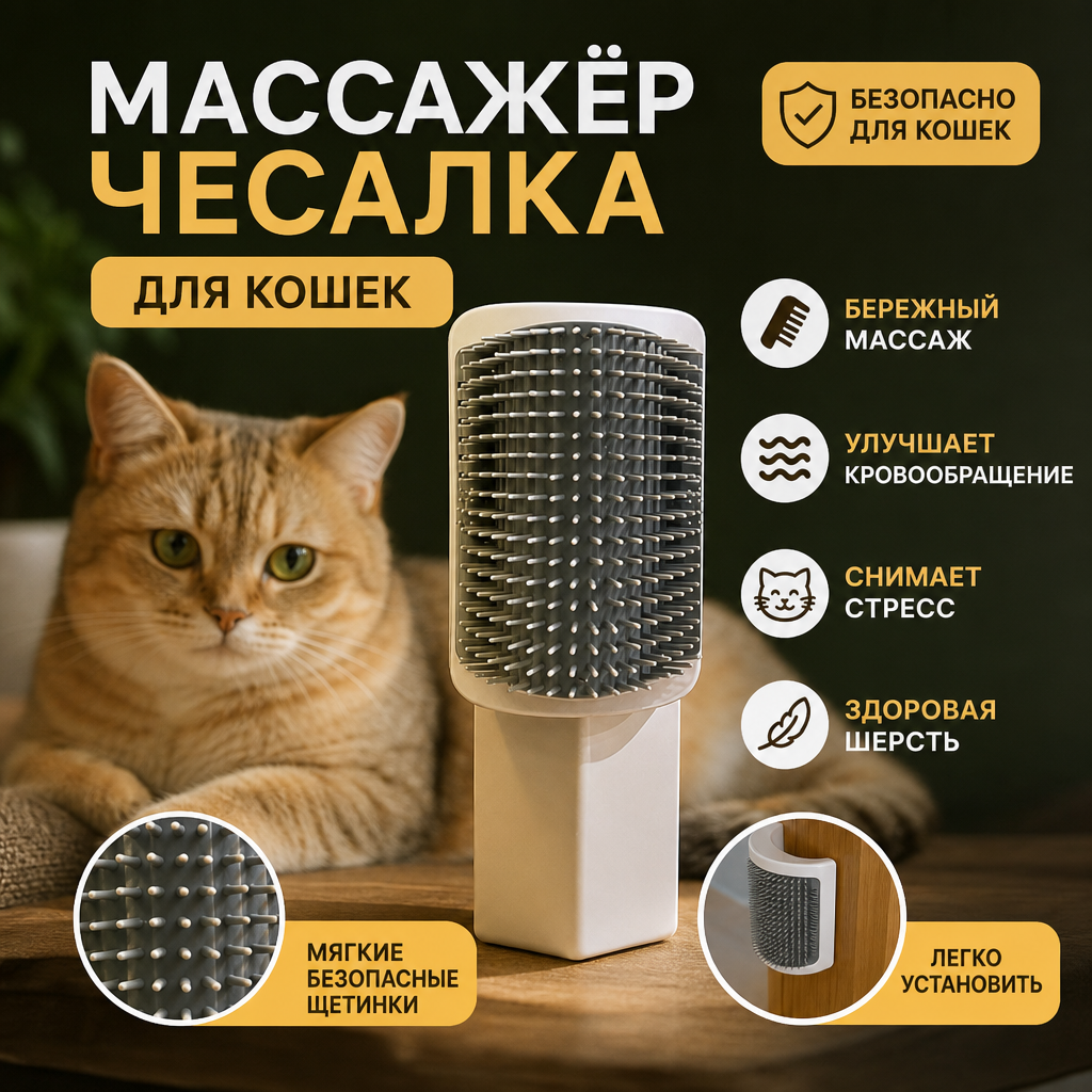 Профессиональная щетка для груминга кошек, массажный эффект