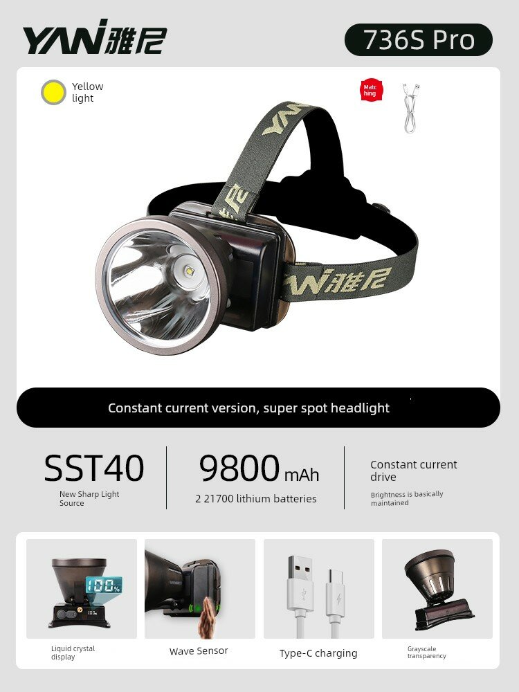 Фонарь на голову 736SPro Желтый свет постоянный ток версия SST40 батарея 21700 сверхбольшое пятно для улицы