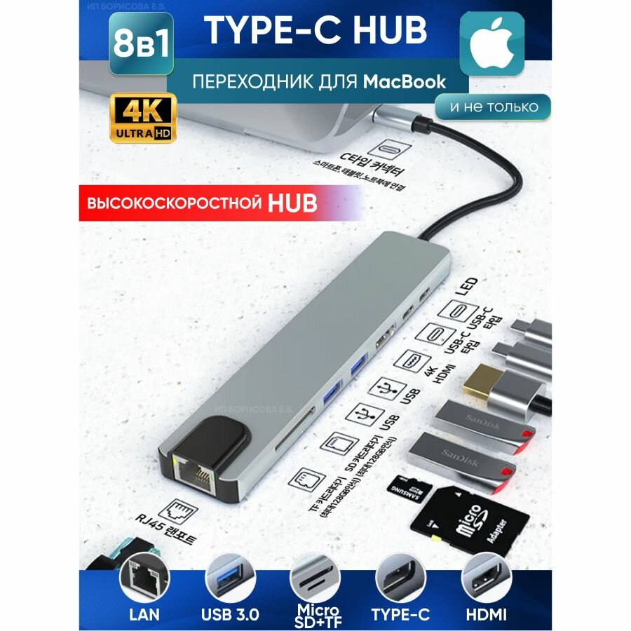 HUB, концентратор type для MacBook, Notebook Разветвитель thunderbolt, HDMI, TF SD, 8в1