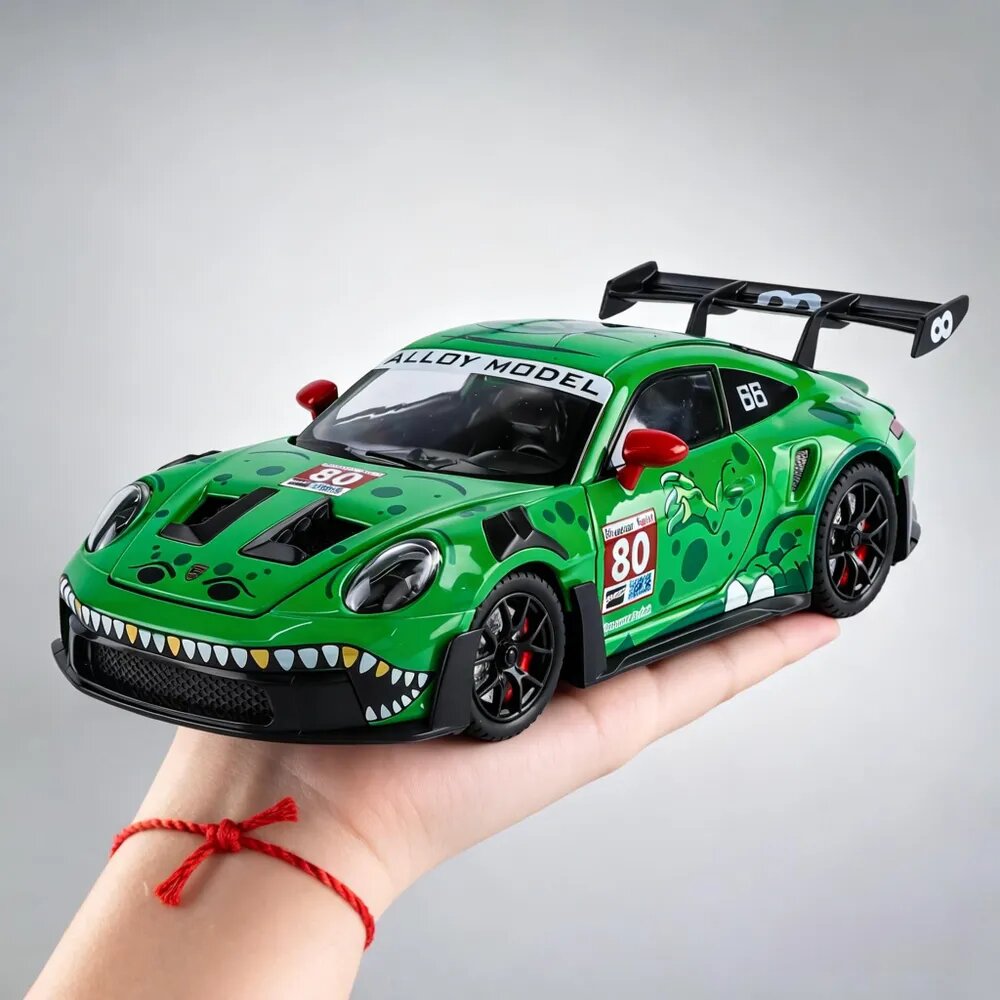 1:24 Porsche 911 GT3 RS Tyrannosaurus Rex Painted Modified Racing, Коллекционные металлические модели, Детские игрушечные машинки, Подарок на день рождения