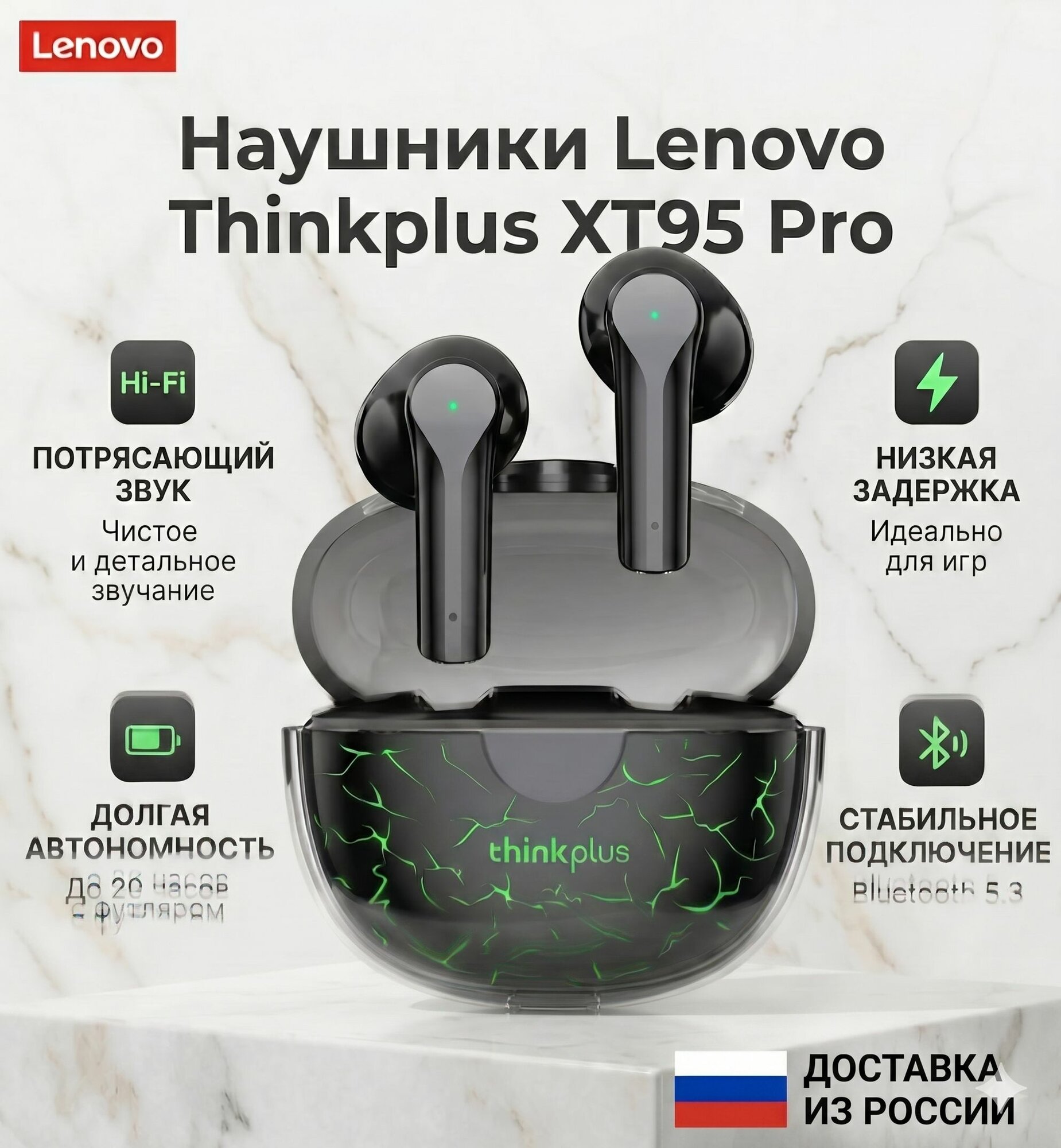 Наушники Беспроводные Lenovo Thinkplus XT95 Bluetooth (версия с подсветкой кейса) Чёрные