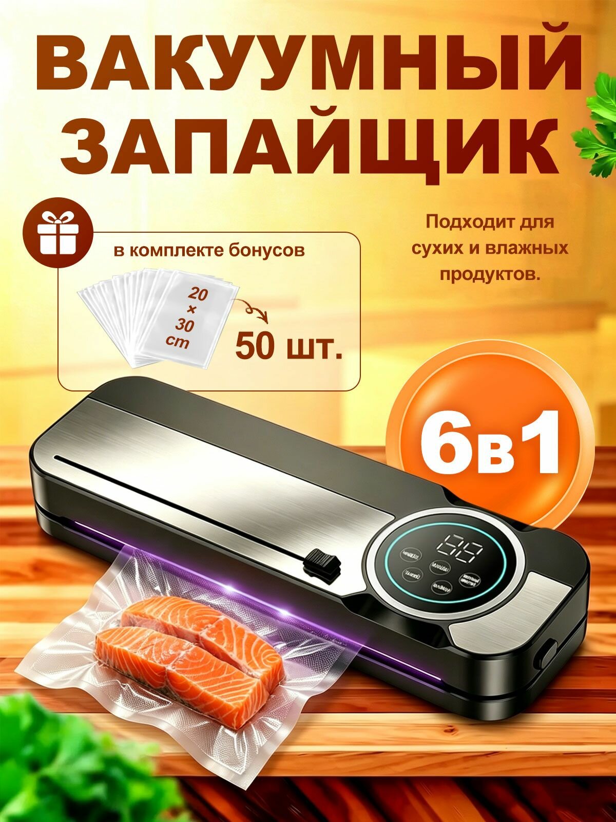 Вакууматор для продуктов с резаком и запайкой пакетов + 50 пакетов в подарок + шланг для вакуумирования