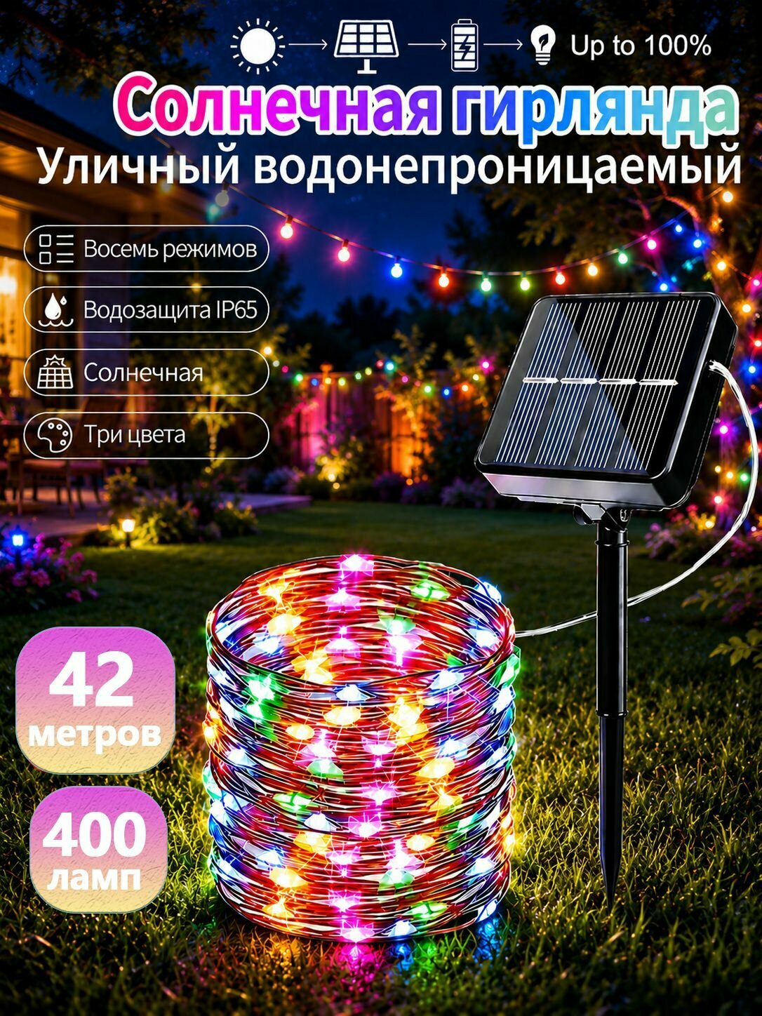 Гирлянда на солнечной батарее уличный с эффектом росы обвязка на деревьях, для двора и праздников гирлянда уличная