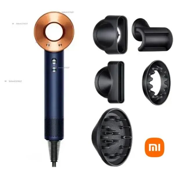 Xiaomi Фен для волос Фен для волос Supersonic Hd08; Малайзия; синий; золотой; с 5 насадками для dyson 1600 Вт, скоростей 3, кол-во насадок 5, синий, золотой