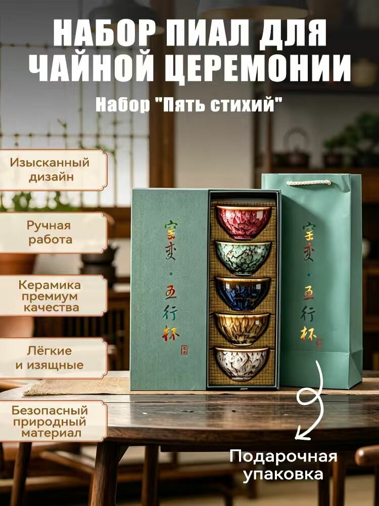 Набор пиал для чая "Китайская чайная церемония", керамический,120мл, фарфоровый, разноцветный, 5шт, подарок