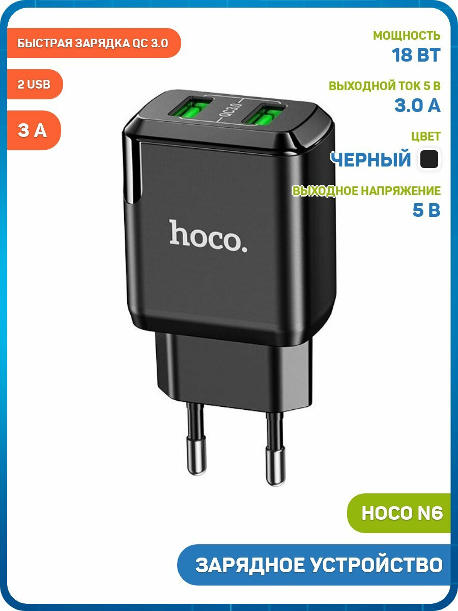 Сетевое зарядное устройство (СЗУ) Hoco N6 (2 USB) 18 Вт/3 А, черный