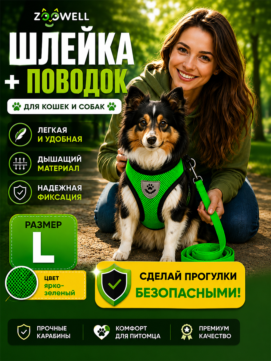 Шлейка с поводком для собак ZooWell универсальная, размер L, цвет зеленый