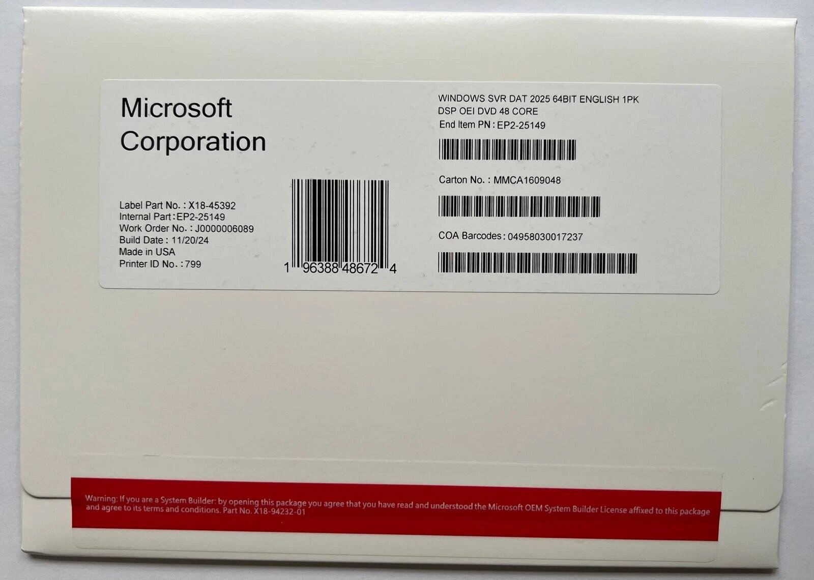 Центр данных Microsoft Windows Server 2025 48-ядерный DVD+Key